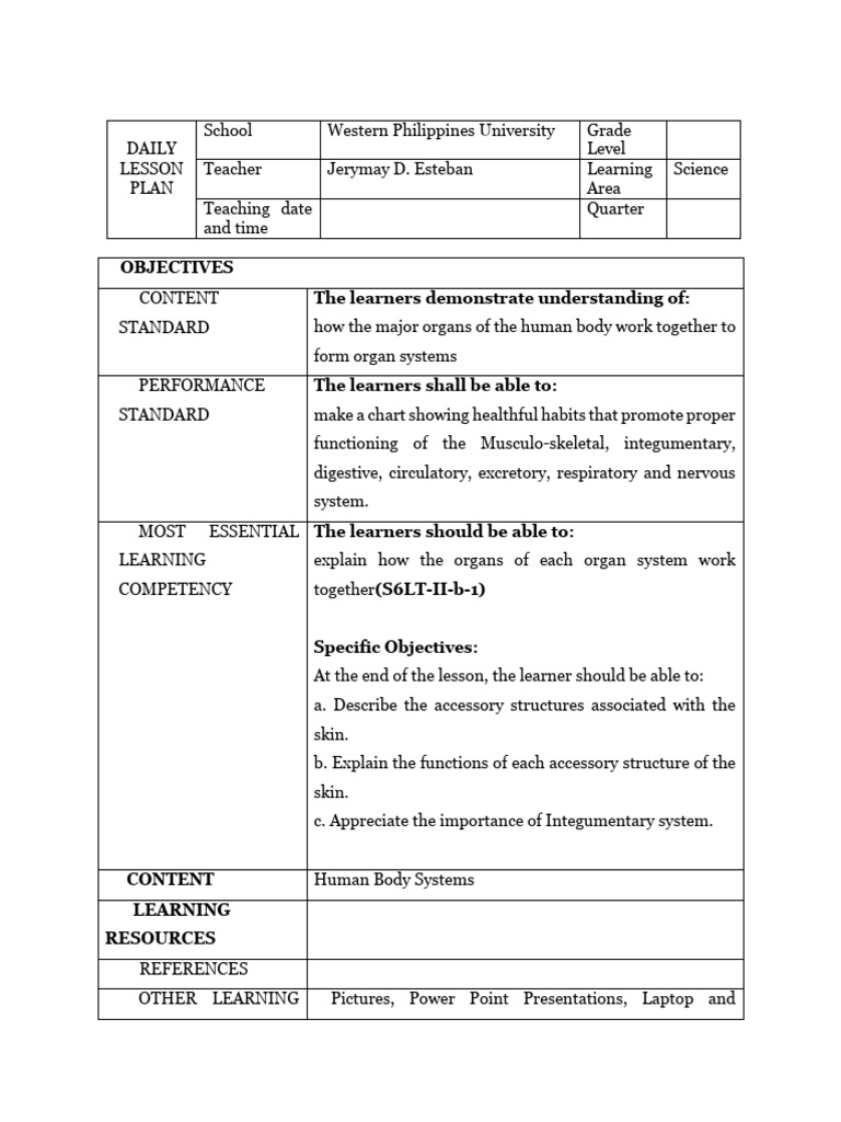 AnaPhy Lesson Plan | PDF | Skin | Epithelium