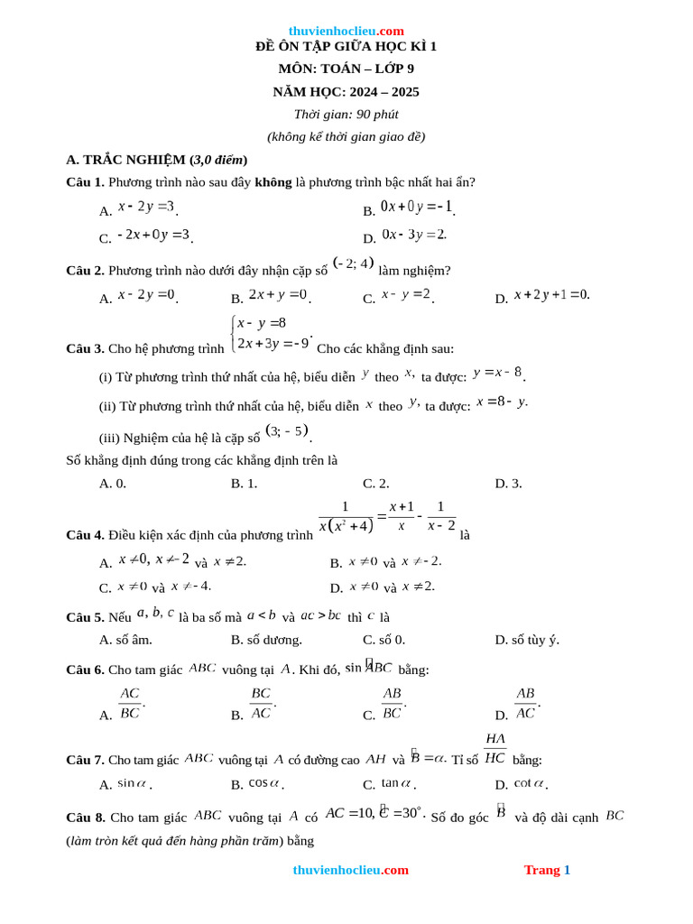 Thuvienhoclieu.com de on Tap Giua HK1 Toan 9 KNTT | PDF