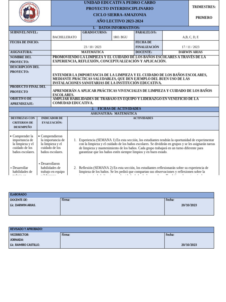 Proyecto Interdisciplinario 1ro Bgu Darwin 2023-2024 | PDF ...