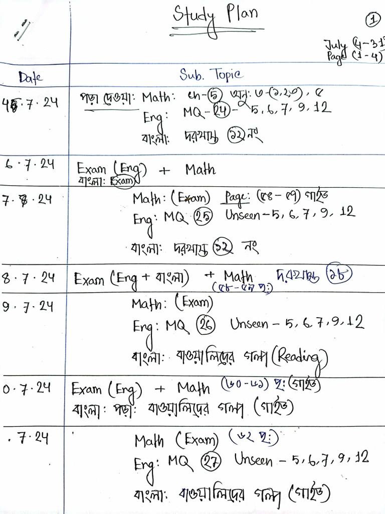 Study Plan (Class 4) (July-Sept) | PDF