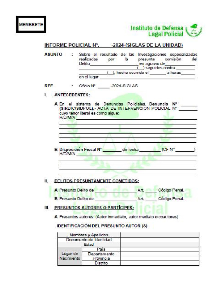 IDLPOL - NUEVO FORMATO DE INFORME POLICIAL de Acuerdo A La LEY 32130 | PDF