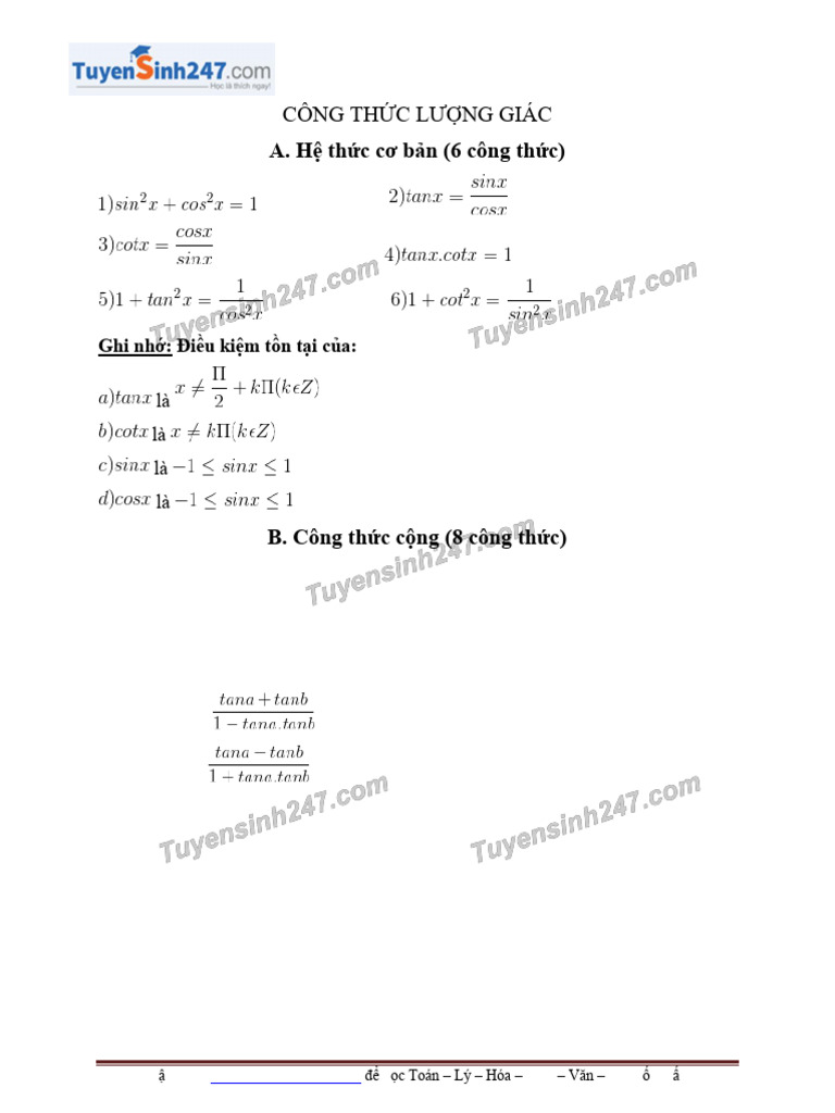 Toan Bo Cong Thuc Luong Giac | PDF