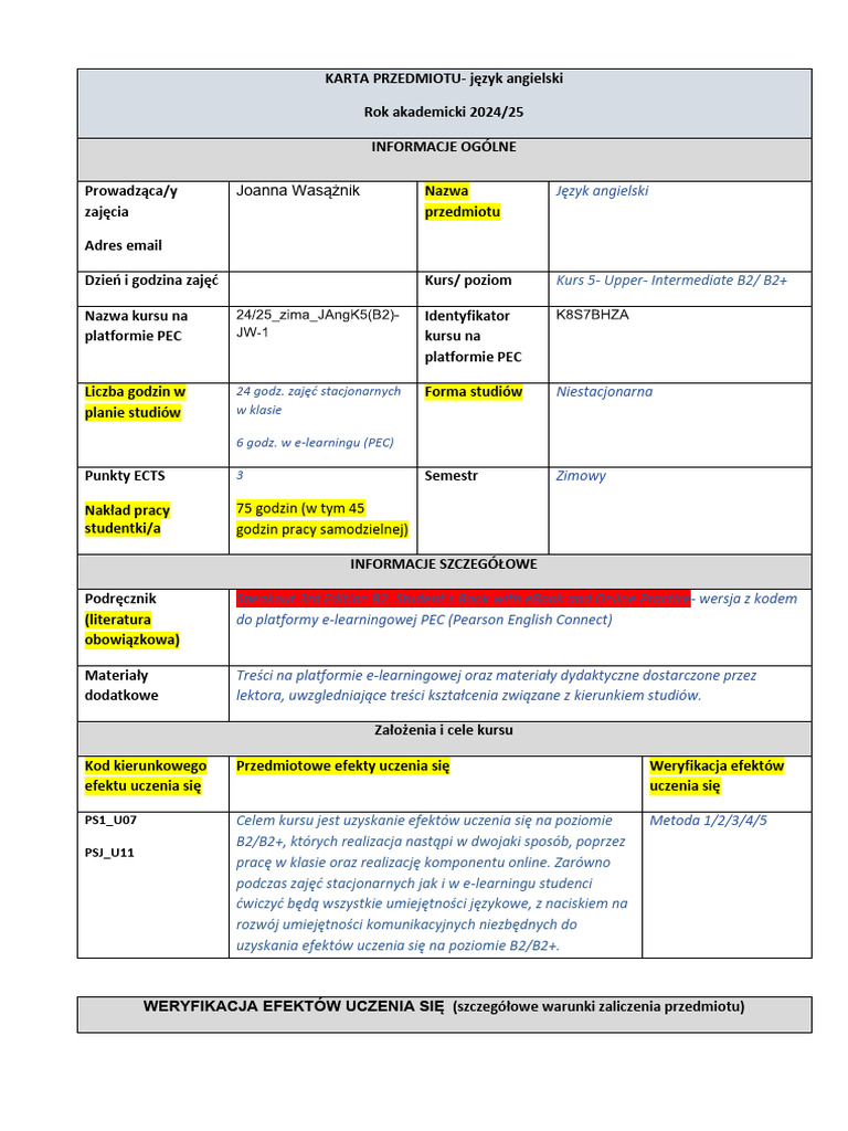 5a KARTA+PRZEDMIOTU Jä Zyk+angielski Kurs+5 B2 NSTAC sb+8.15 | PDF