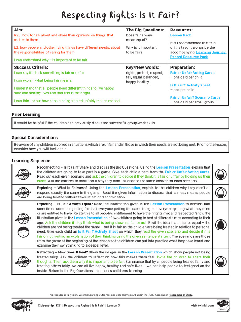 Citizenship KS1 Respecting Rights Lesson Plan | PDF | Thought | Learning