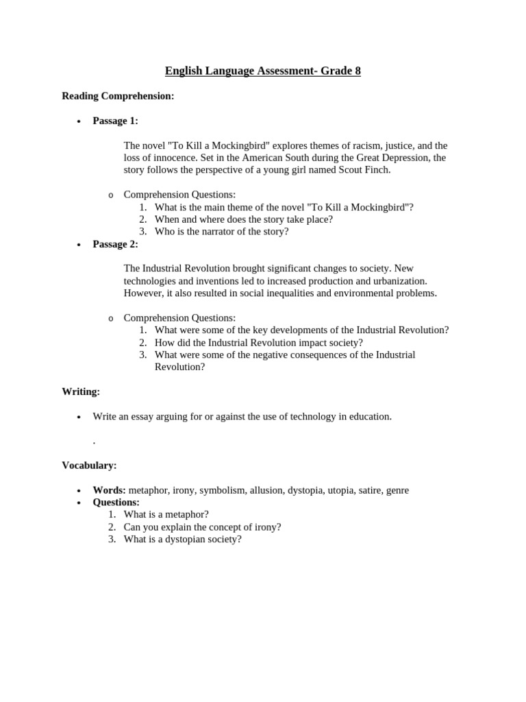 Grade 8 English and Math Assessment | PDF | To Kill A Mockingbird