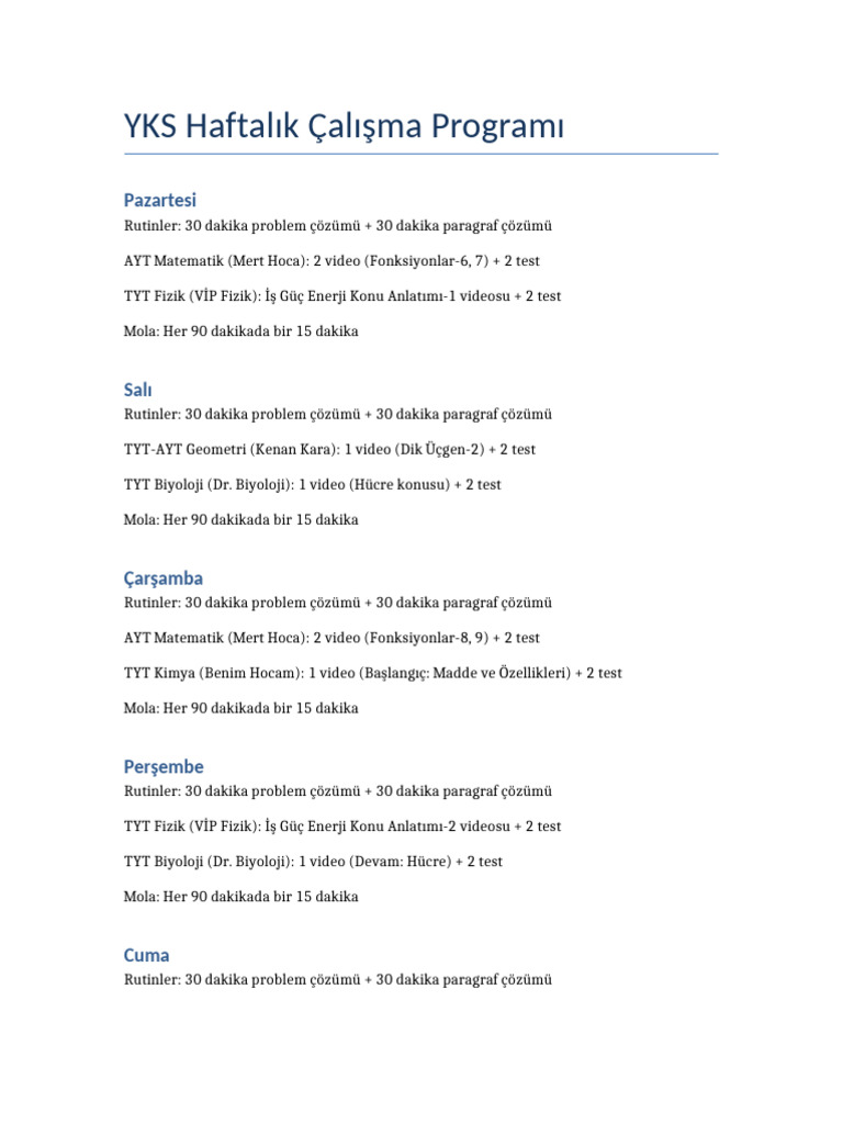 YKS Haftalik Calisma Programi | PDF