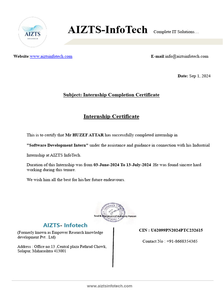 HUZEF ATTAR - Certificate | PDF