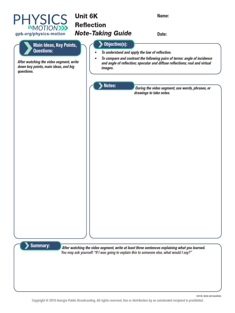 Unit 6K Notetaking Guide and Quest | PDF | Reflection (Physics ...