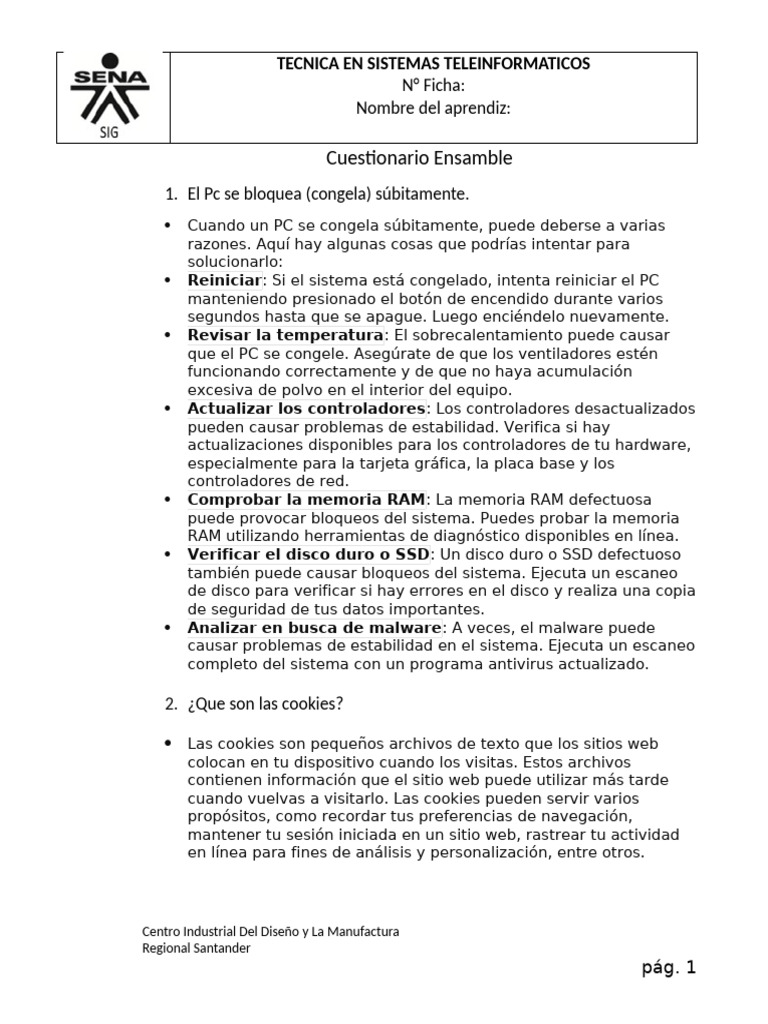 Cuestionario Ensamble: #Ficha: Nombre Del Aprendiz | PDF | explorador de Internet | Internet