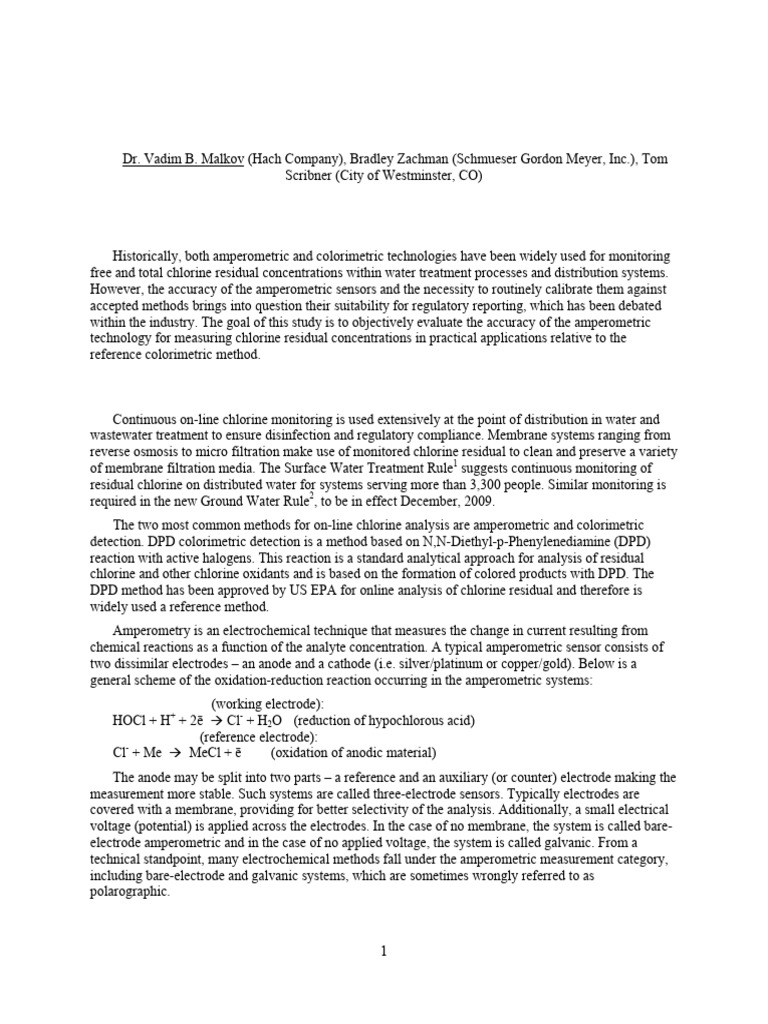 Chlorine Analysis Amperometric Vs Colorimetric | PDF | Electrode | Anode