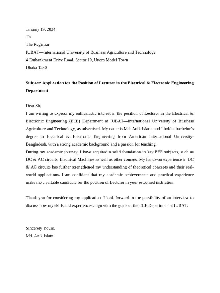 Cover-Letter-Iubat-Anik Islam | PDF | Technology & Engineering