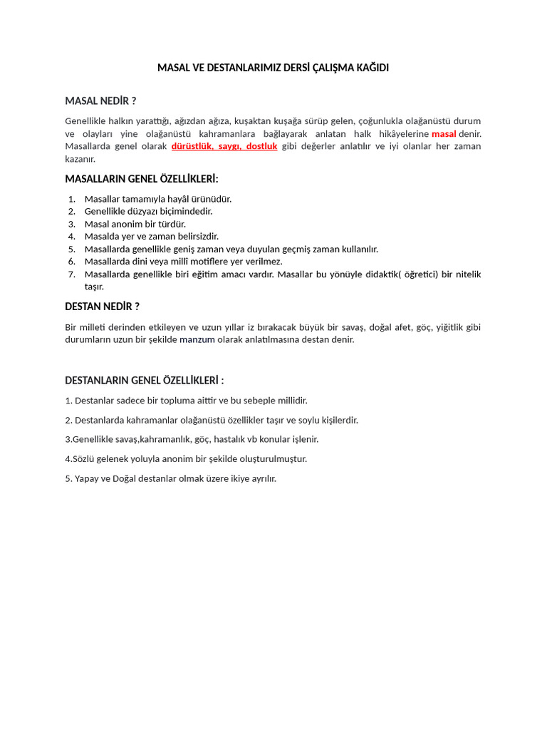 Masal Ve Destanlar Calisma Kagidi | PDF