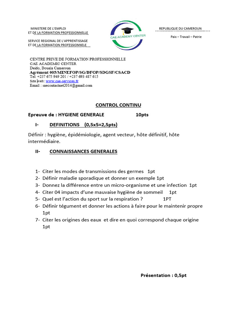 Épreuve de Contrôle en Hygiène Générale | PDF