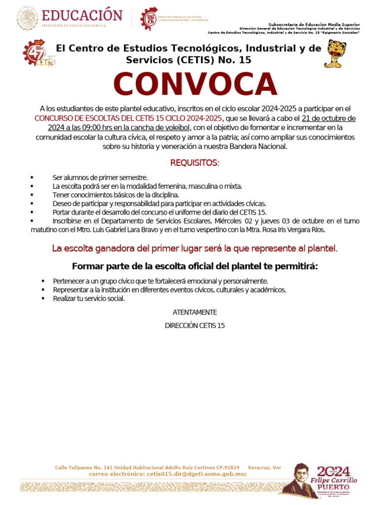 Convocatoria Escolta Cetis 15 2024 - 2025 | PDF