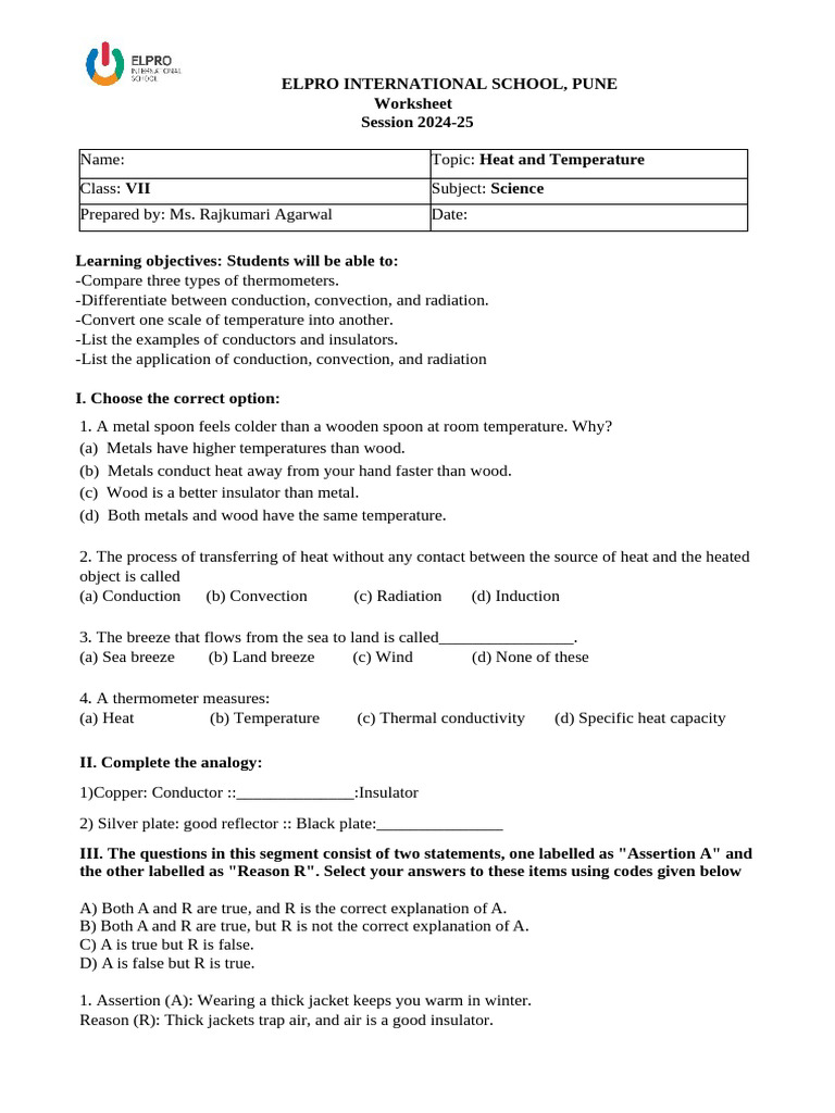 WS - VII - Science - Heat and Temperature - June - 2024-25 | PDF ...