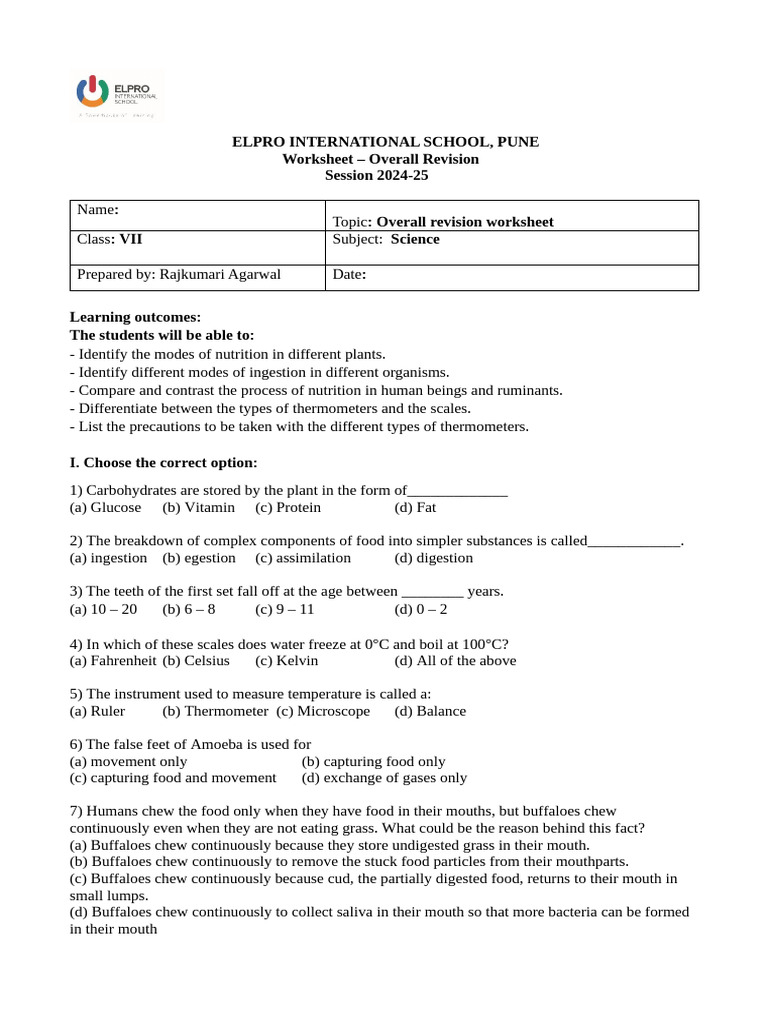 RW_VII_Science_Overall Revision WS_PA 1_2024-25 | PDF | Digestion | Foods