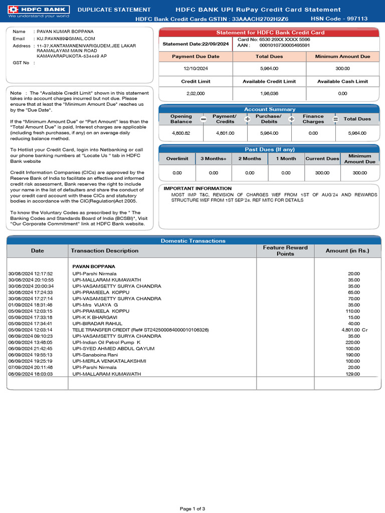 HDFC Credit Card Statement 09/2024 | PDF | Credit Card | Banking