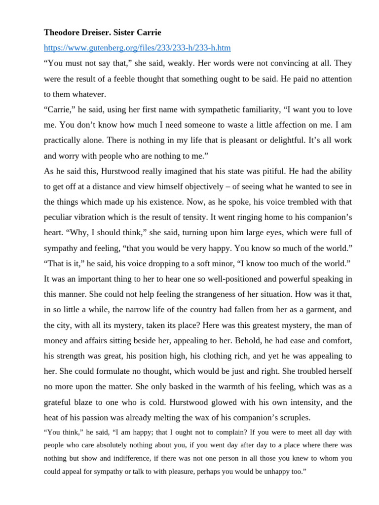 Theodore Dreiser. Sister Carrie | PDF | Sister Carrie | Linguistics