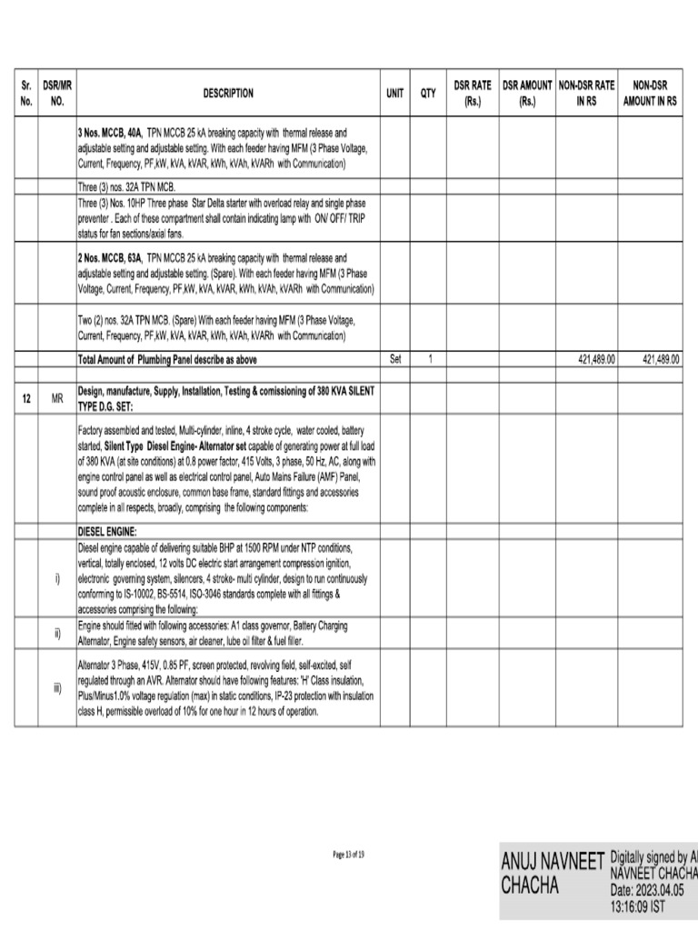 NCUI DG Set BOQ | PDF