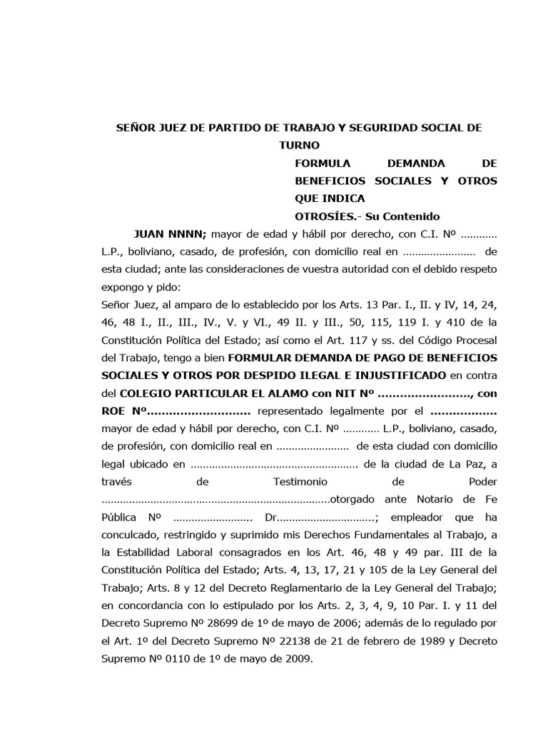 MODELO DE DEMANDA DE BENEFICIOS SOCIALES Doctor | PDF | Derecho laboral | Constitución