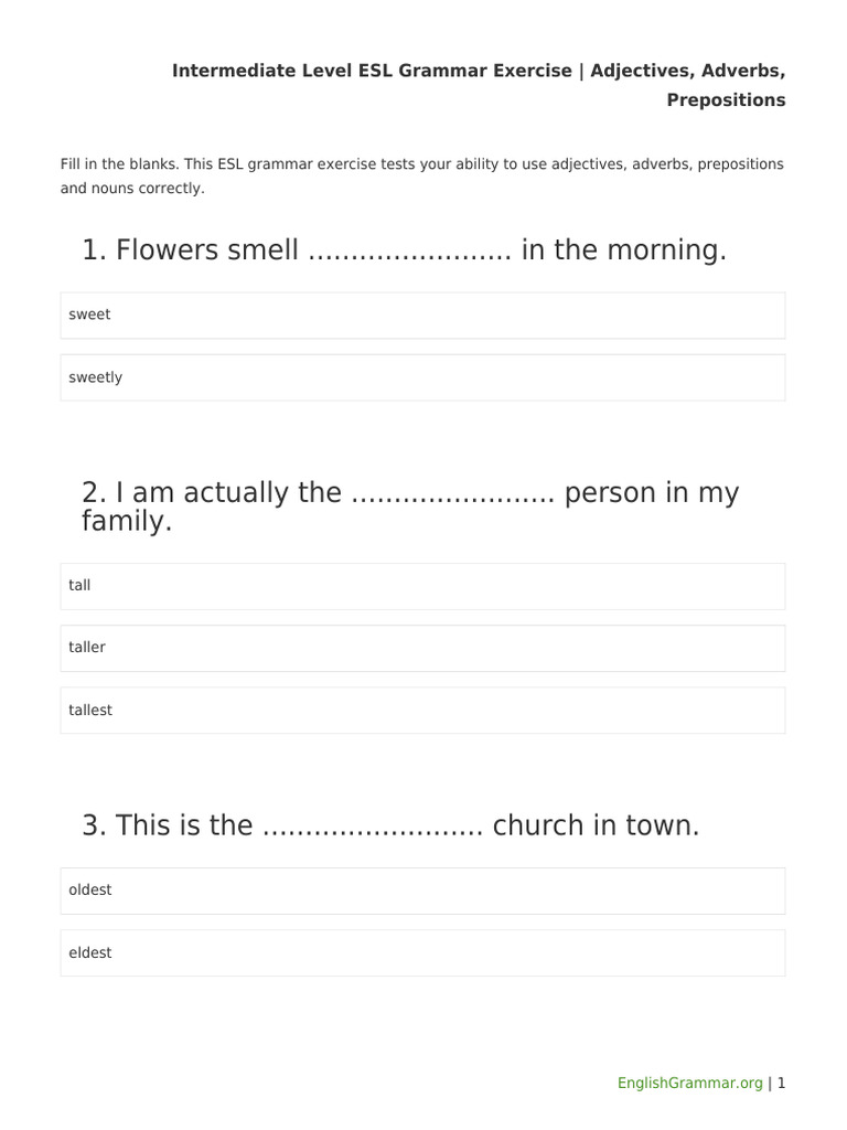 Intermediate Level ESL Grammar Exercise - Adjectives, Adverbs, Prepositions | PDF | Adverb ...