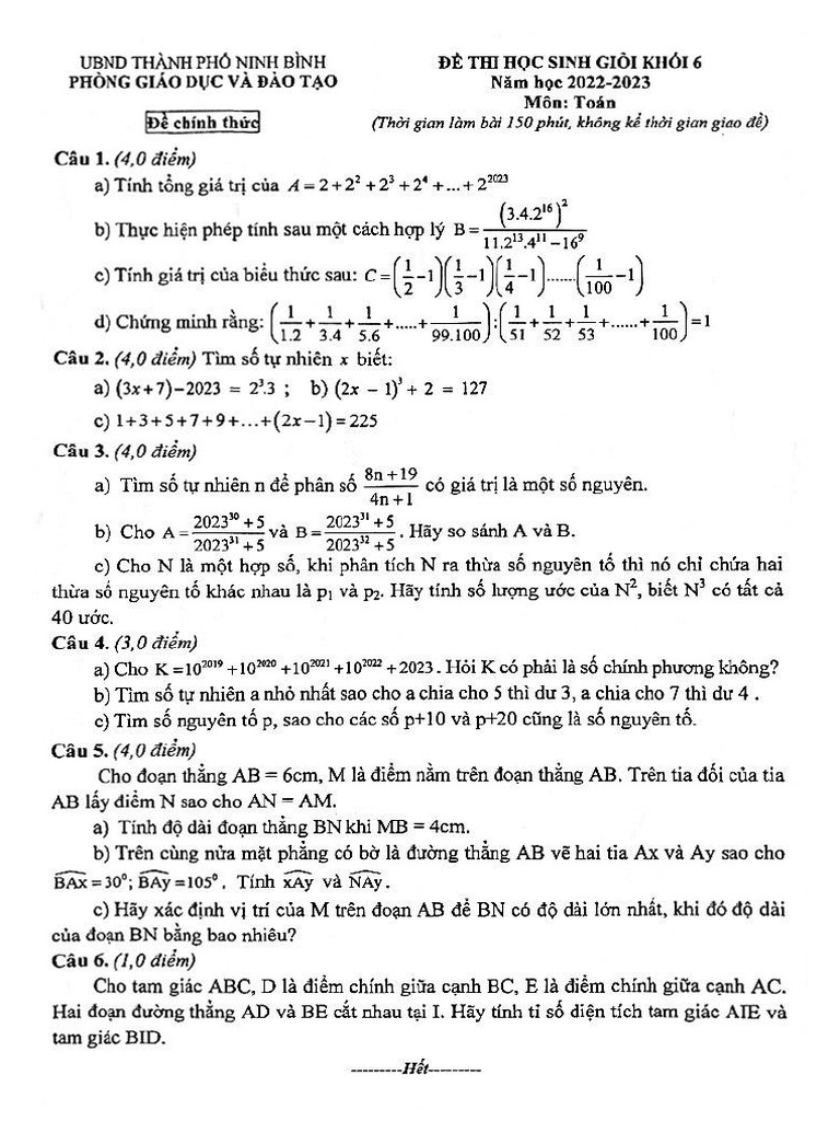 De Hoc Sinh Gioi Toan 6 Nam 2022 2023 Phong GDDT Thanh Pho Ninh Binh | PDF