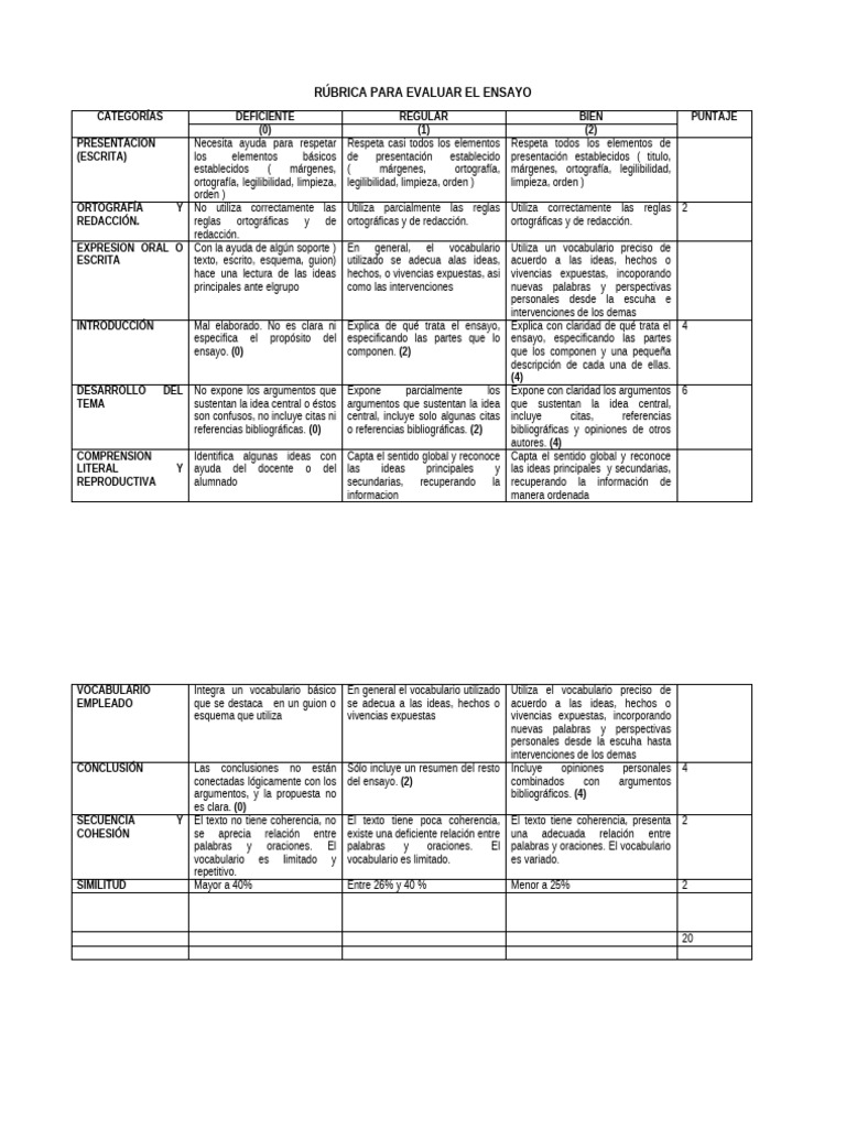 Rúbrica para Evaluar El Ensayo | PDF | Ensayos | Léxico