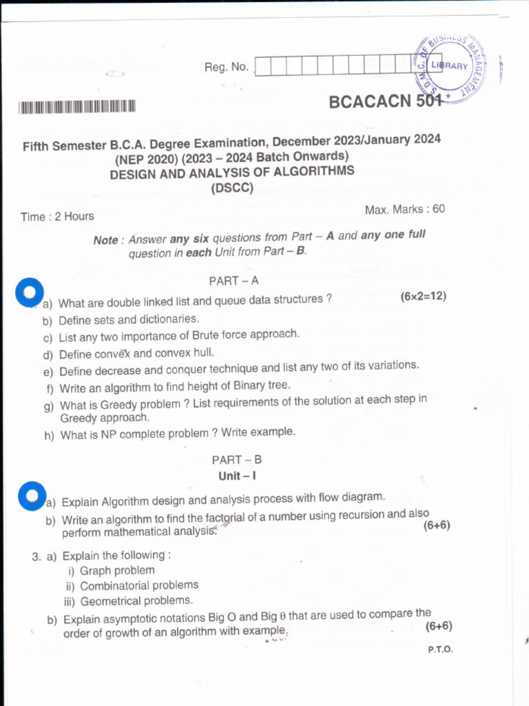 BCA v Semester Design and Analysis of Algorithms NEP Jan 2024 | PDF