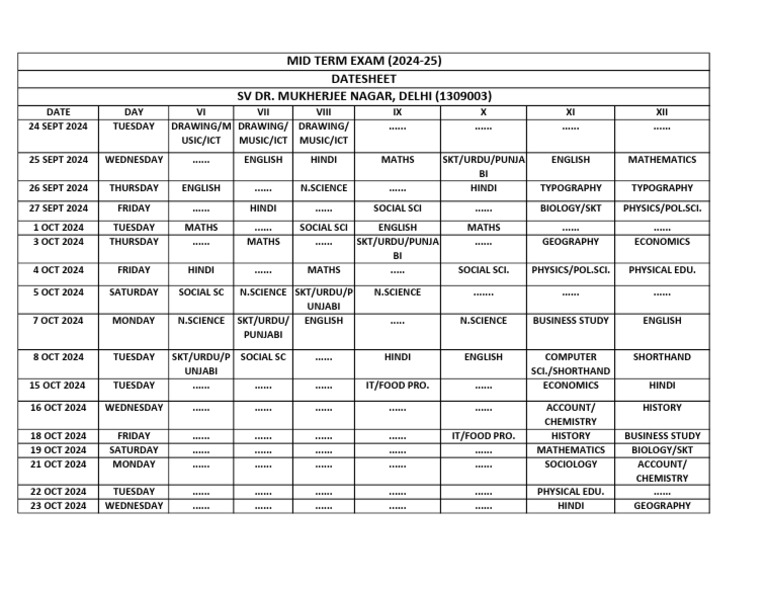 Mid Term Exam Date Sheet 2024-25 | PDF | Languages Of India | Science
