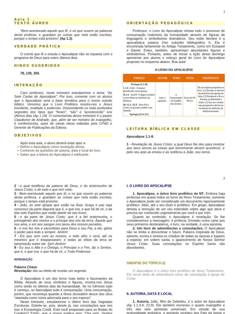 Aula 1 Apocalipse Pdf Livro Do Apocalipse Jesus