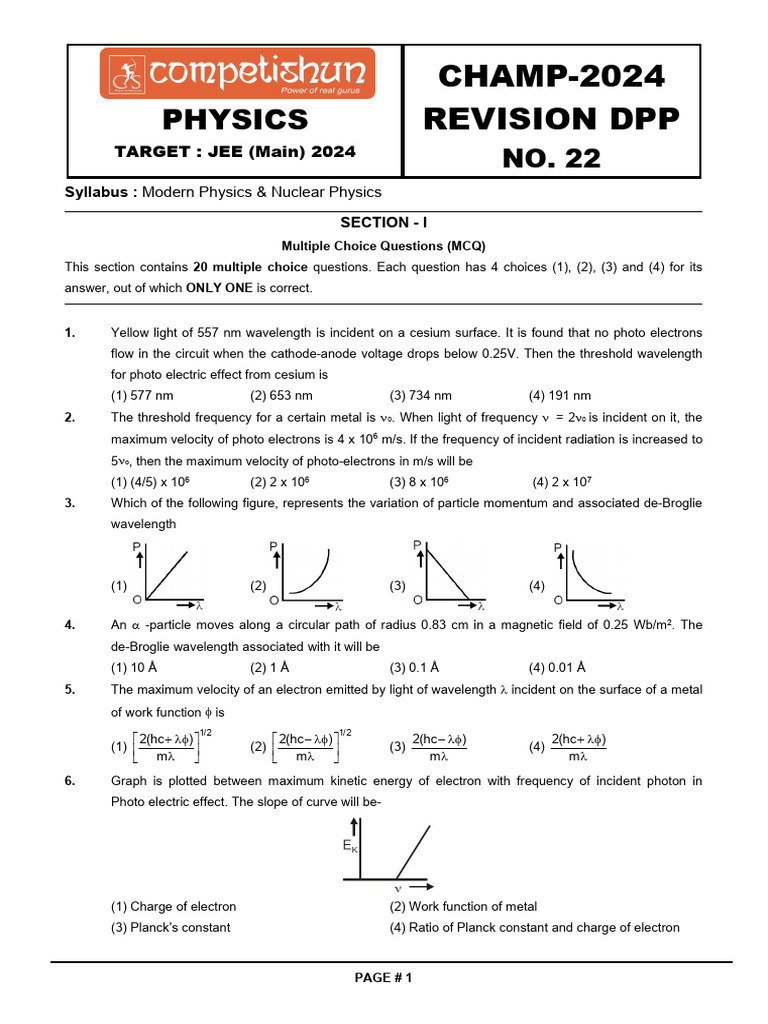 JEE 2024 Modern & Nuclear Physics MCQs | PDF | Atomic Nucleus | Electron