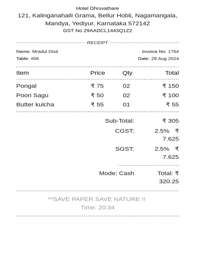 Hotel Dhruvathare Restaurant Bill 2024 | PDF