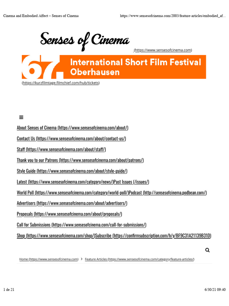 Cinema and Embodied Affect Senses of Cinema | PDF | Perception | Visual ...