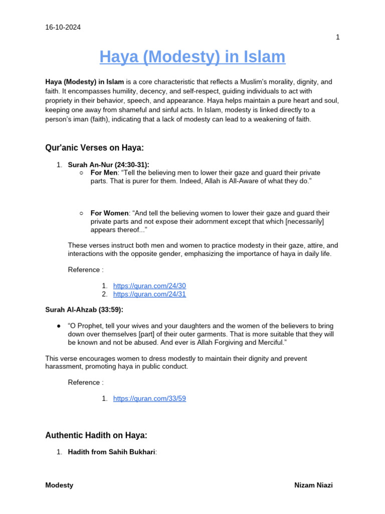 Haya (Modesty) in Islam | PDF | Modesty | Hadith