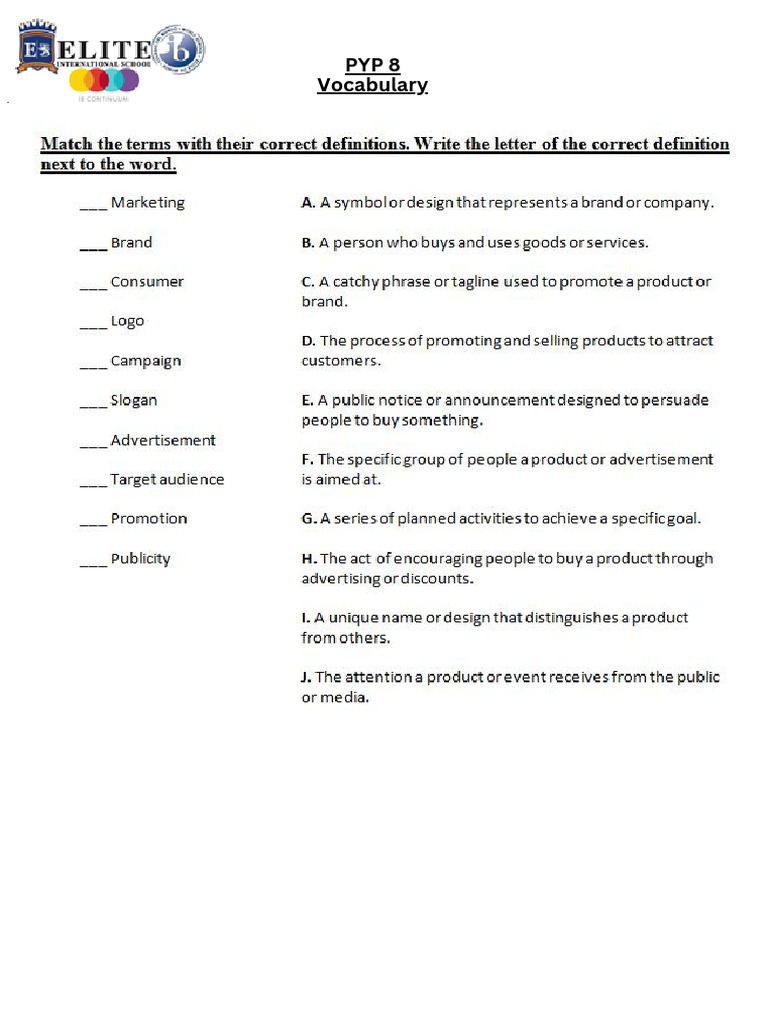 PYP 8 Vocabulary Classwork | PDF