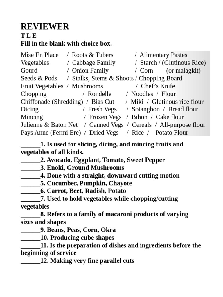 G10 Tle Quarter Exam Reviewer | PDF | Vegetables | Cereals