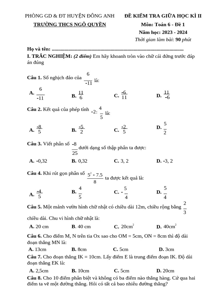 De Giua Hoc Ki 2 Toan 6 Nam 2023 2024 Truong Thcs Ngo Quyen Ha Noi | PDF