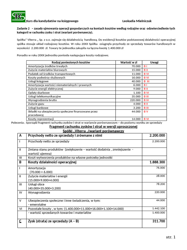 Zad. 2 Koszty WG Rodzaju RZiS Rozwiazanie | PDF
