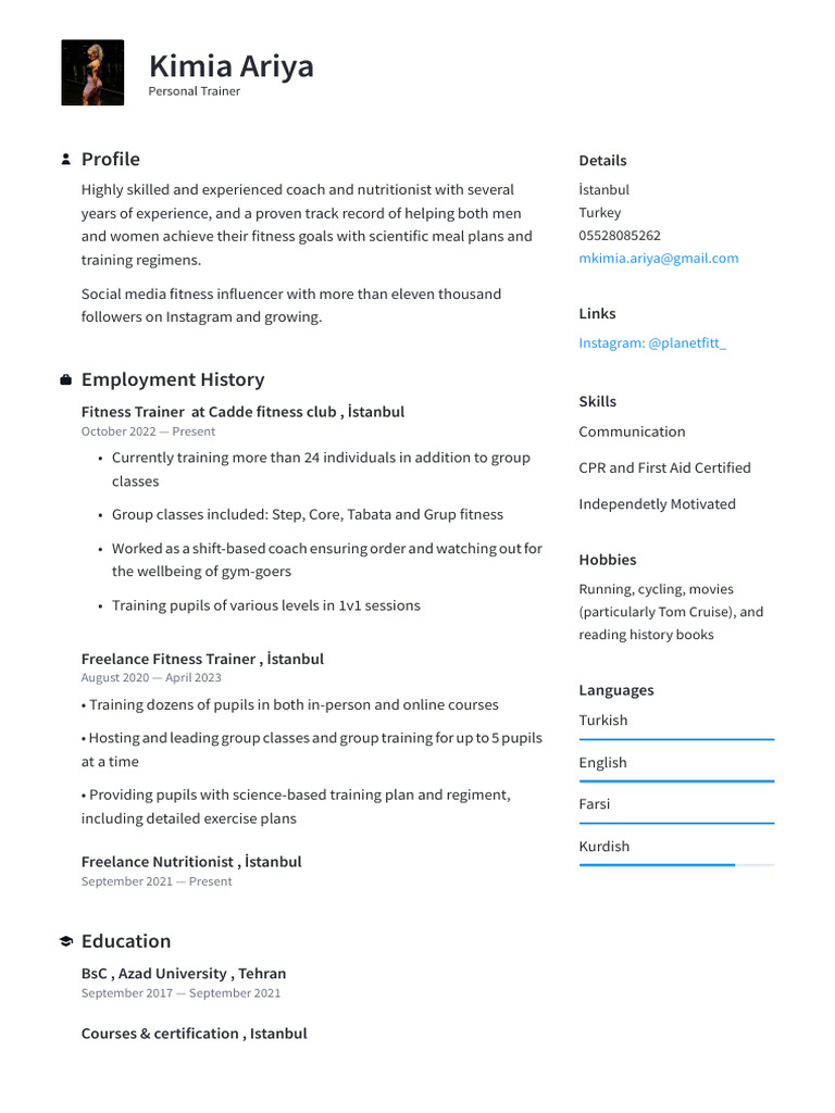 Kimia Ariya - Personal Trainer | PDF | Personal Trainer | Sports Science