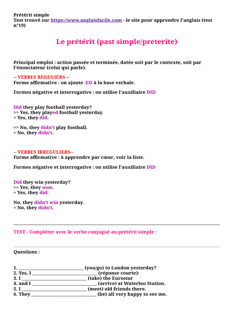 Prétérit Simple | PDF