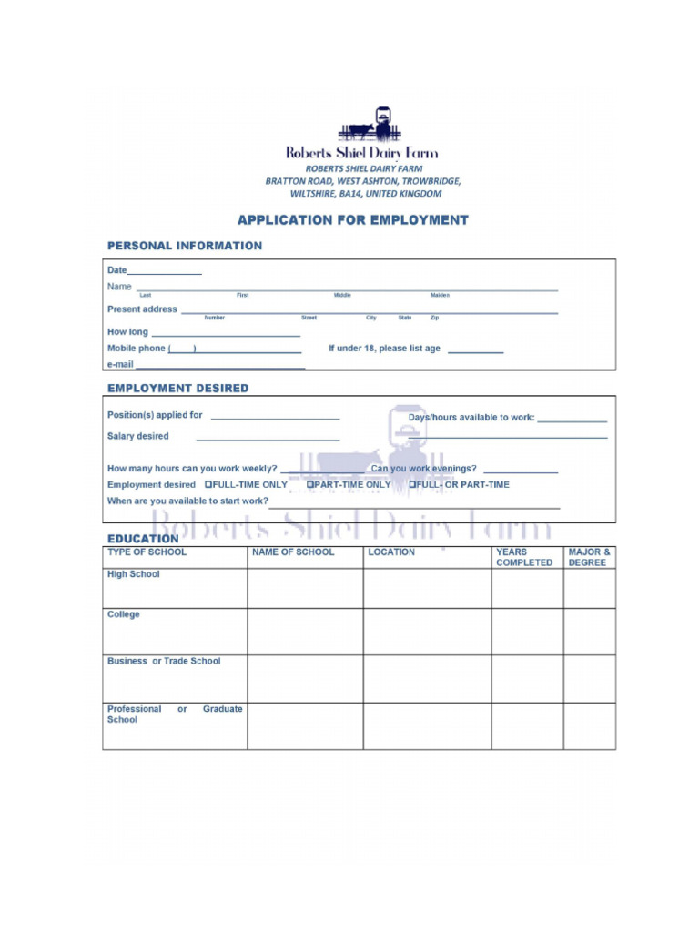 Roberts Shiel Dairy Farm Application Form - Online Interview | PDF