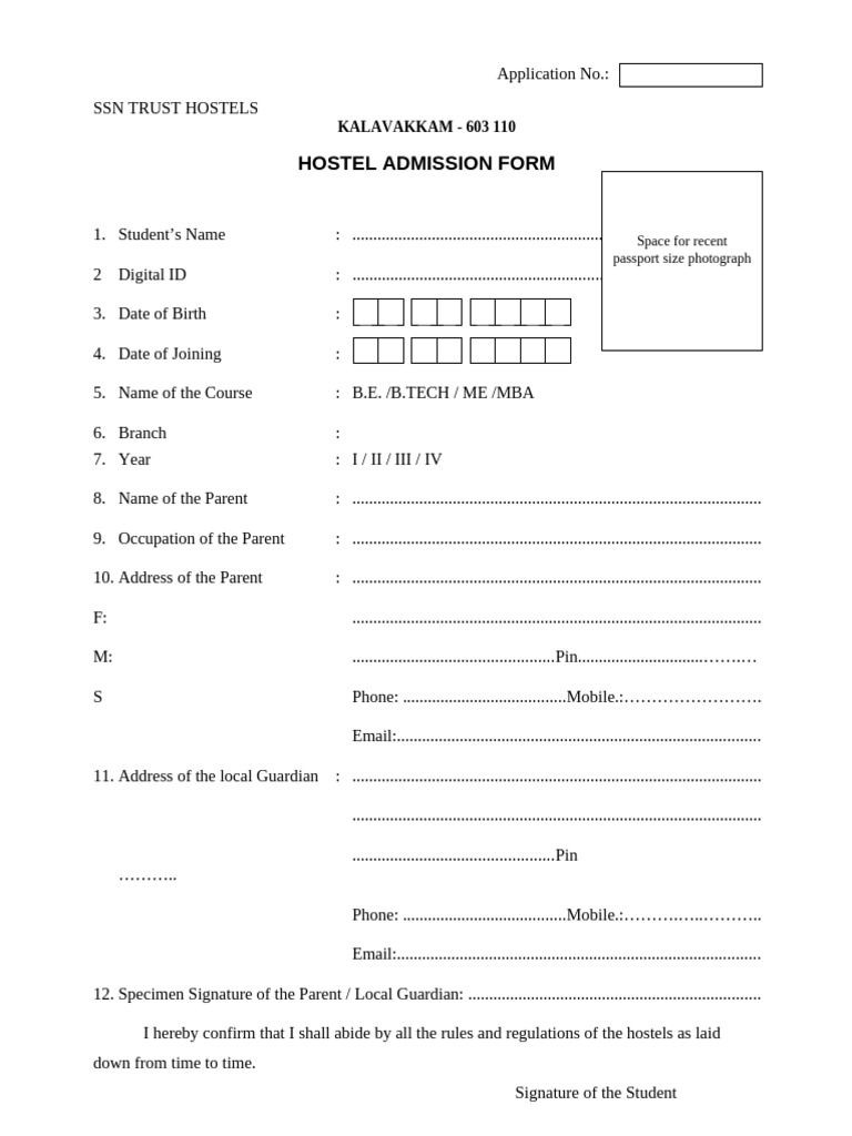 Hostel Admission Form | PDF | Business