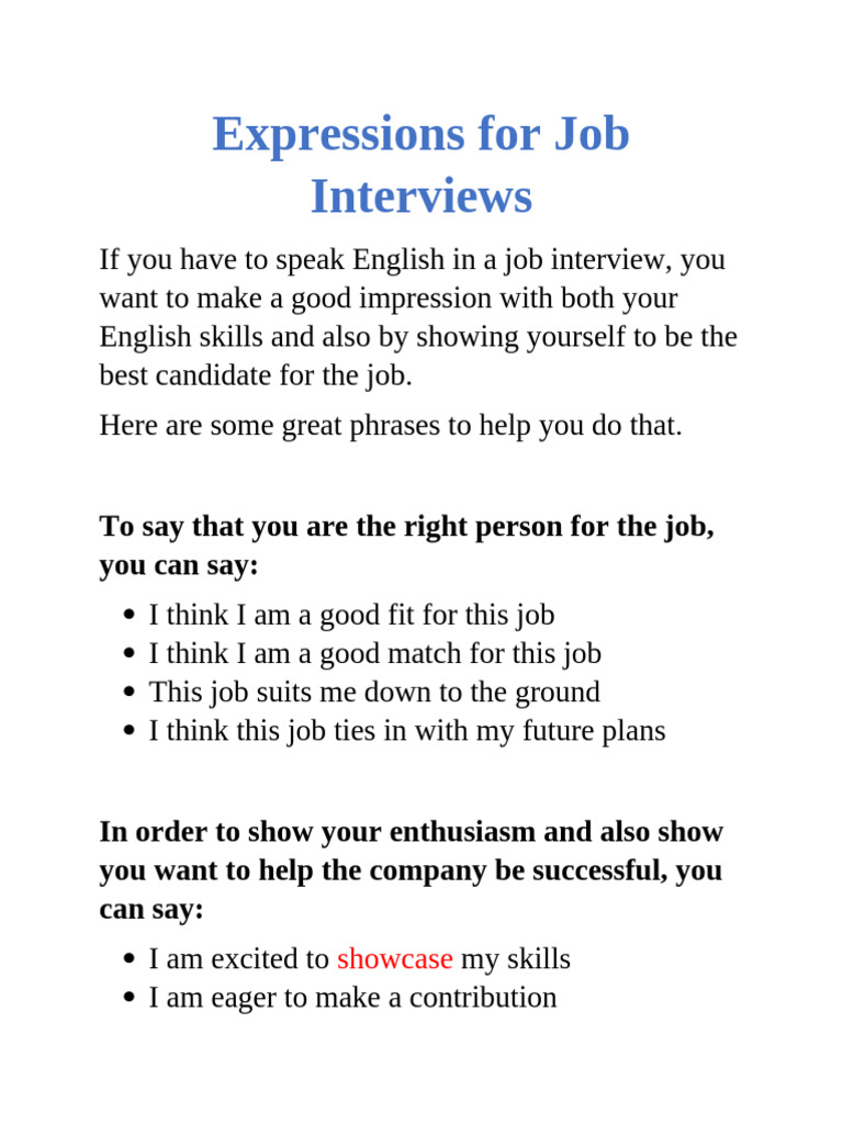 Expressions For Job Interviews | PDF