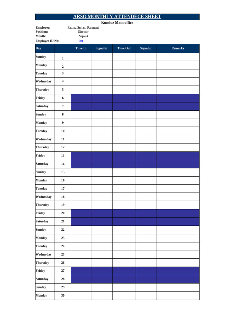 Attendance Sheet September 2024 - 090709 | PDF