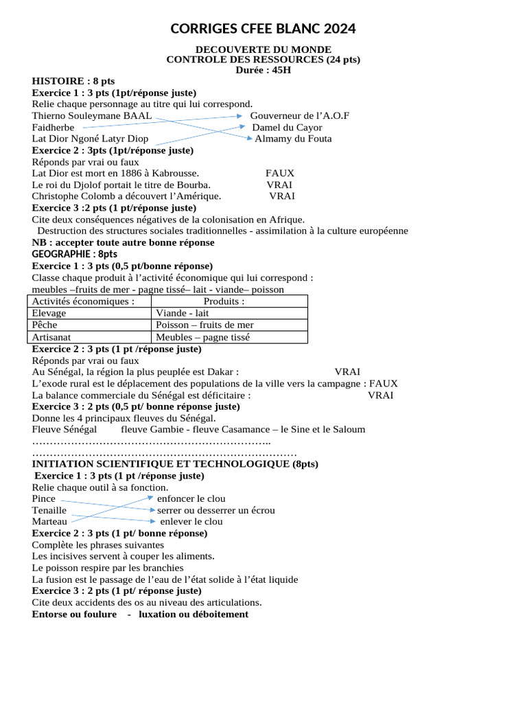 CFEE 2024 VF - CORRIGES | PDF | Sénégal