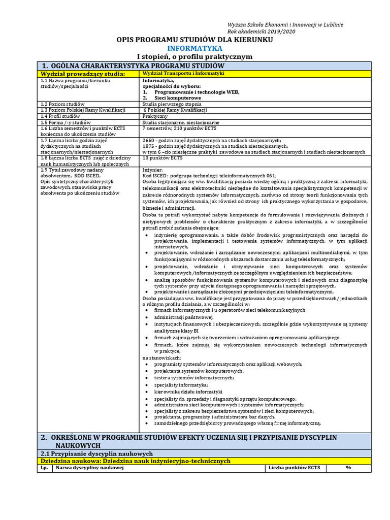 Program Studiów Informatyka | PDF
