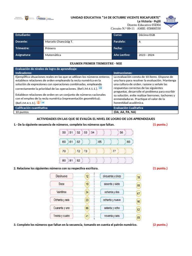 Examen 1T - Décimo - Enn | PDF | Evaluación | Matemáticas