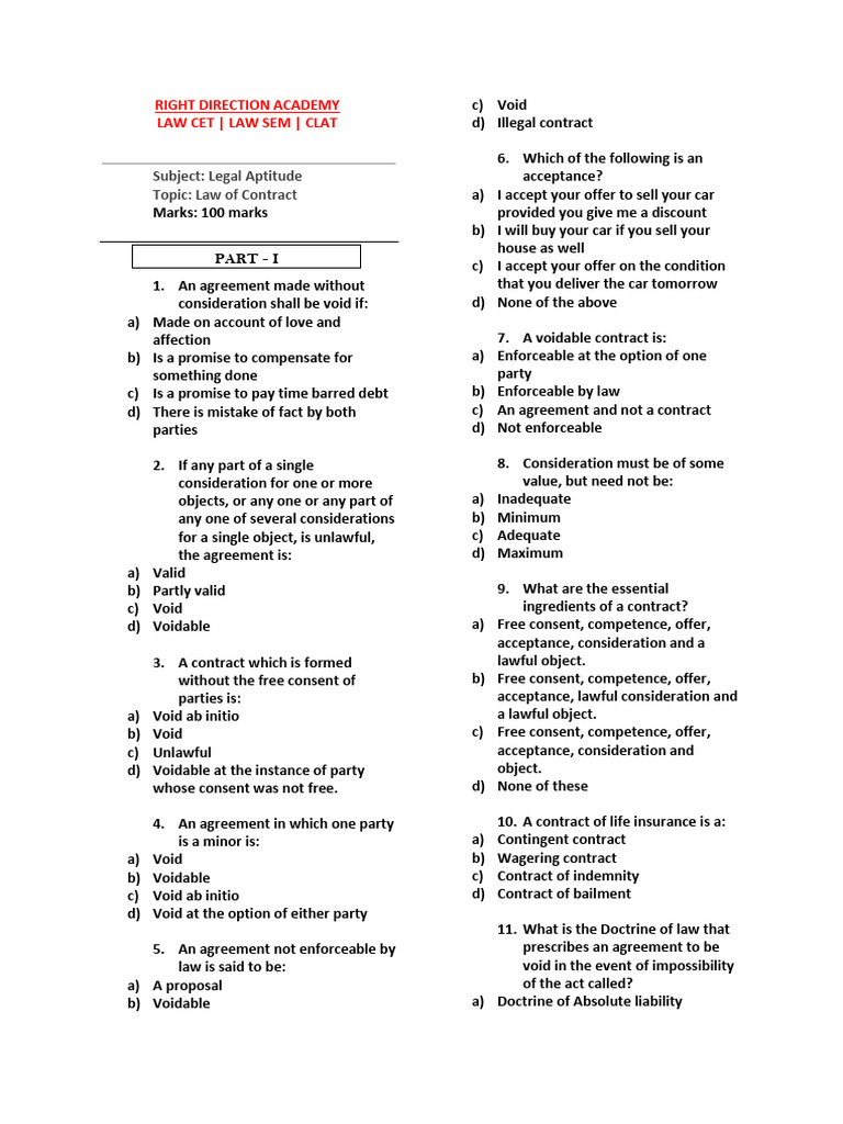 Indian Contract Act - Test Paper 1 | PDF | Consideration | Contract Law