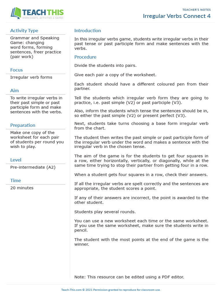 Irregular Verbs Connect 4 | PDF | Verb | Grammatical Tense