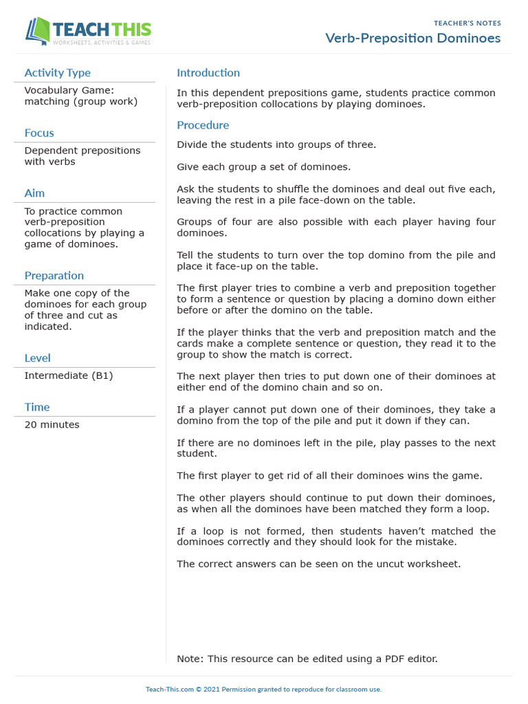 Verb-Preposition Dominoes | PDF | Syntax | Grammar